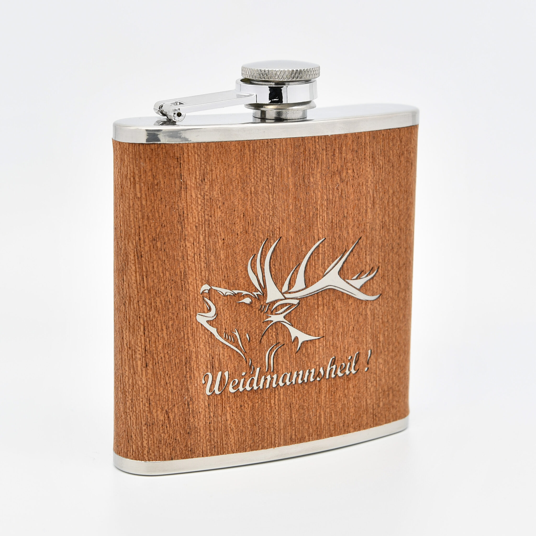 Flachmann aus Edelstahl mit dunklem Holz und Gravur - AE-Werbetechnik