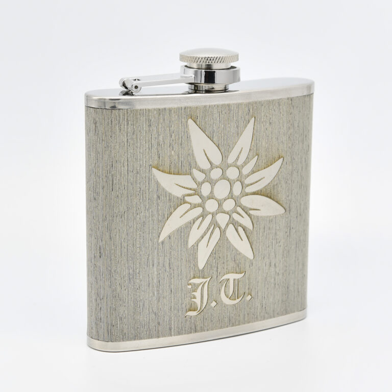 Flachmann aus Edelstahl mit hellem Holz und Gravur - AE-Werbetechnik